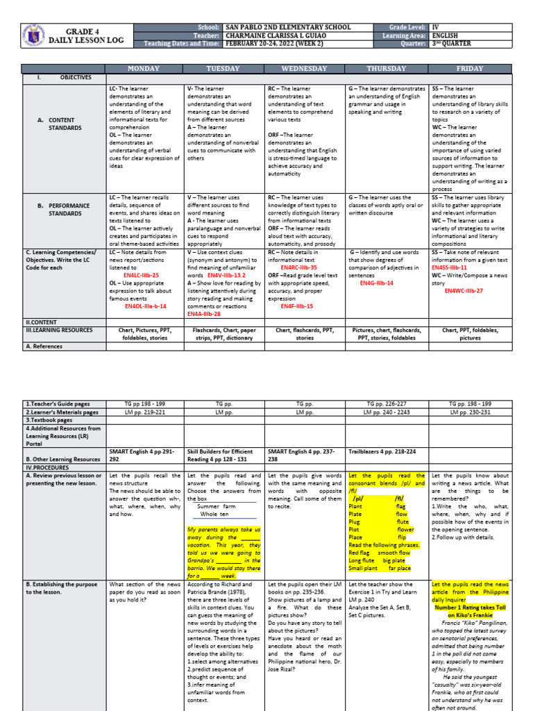 DLL_ENGLISH 4_Q3_W2 | PDF | Learning | English Language