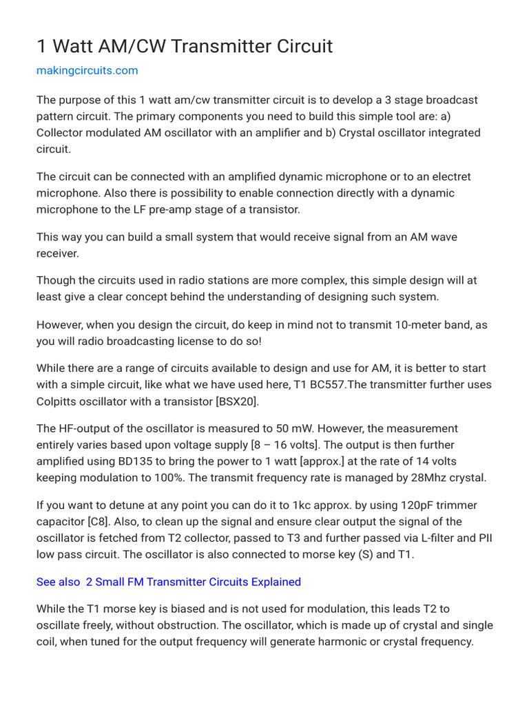 1 Watt AM - CW Transmitter Circuit | PDF | Sound Production Technology ...