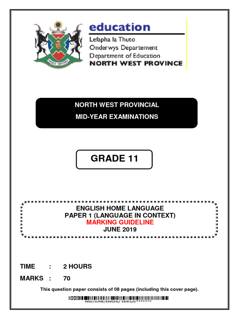 Grade 11 English Paper 1 Memo 2019 | PDF | Syntax | Language Mechanics