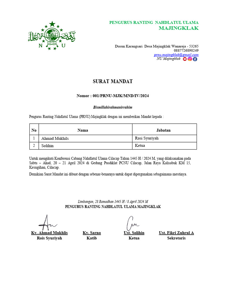 PRNU - Surat Mandat Dan FORM Peserta KONFERANCAB NU CLCP | PDF