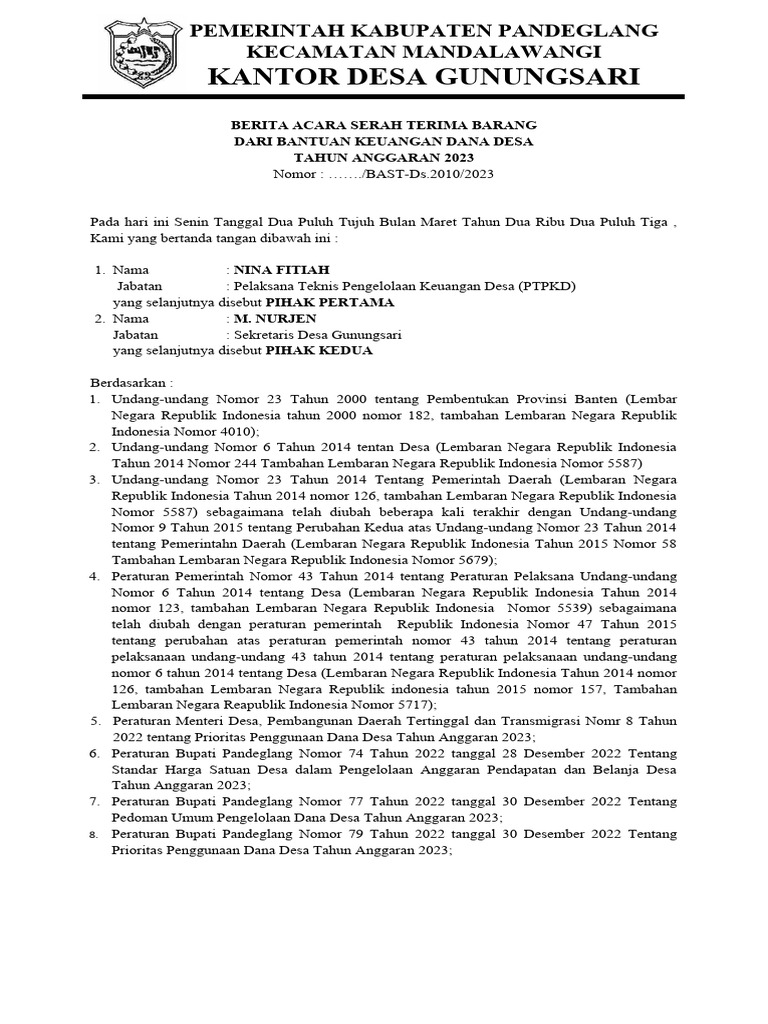 Bast Dan Surat Pemegang Kendaraan Dinas | PDF
