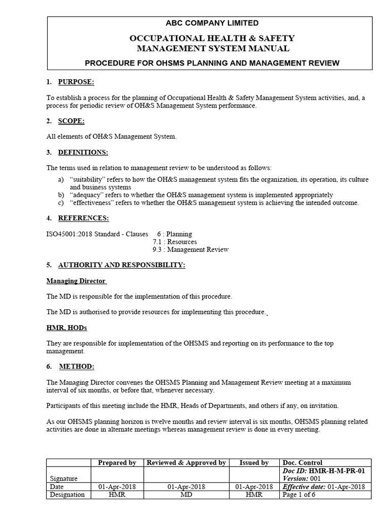 HMR-H-M-PR-01 Procedure For OHSMS Planning and Management Review | PDF ...