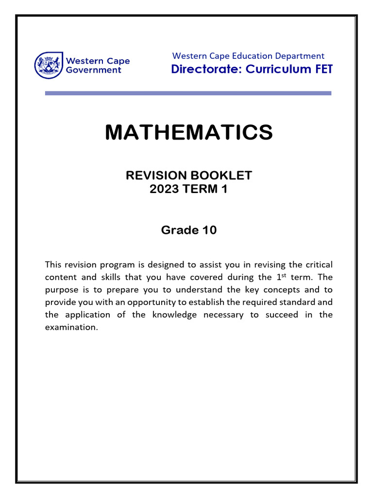 Mathematics Grade 10 Revision Material Term 1 - 2023 | PDF | Inequality (Mathematics) | Equations