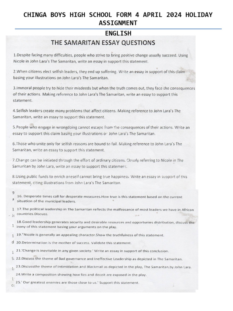 Chinga Boys High School Form 4 April 2024 Holiday Assignment | PDF ...