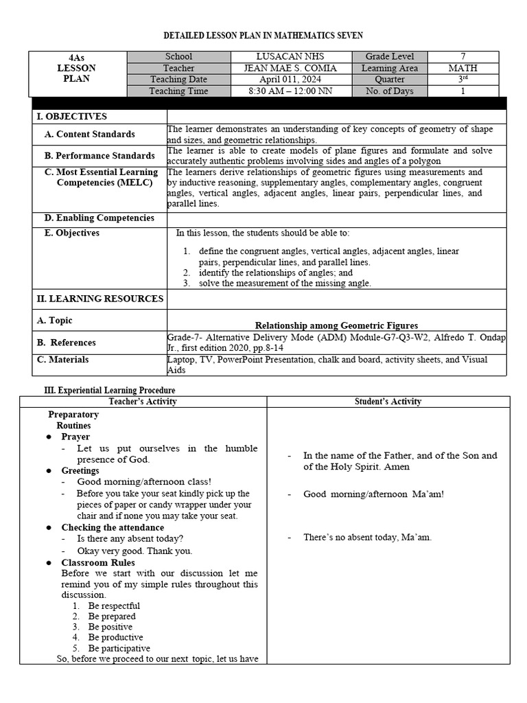 DLP IN MATHEMATICS SEVEN-ANGLES PAIRS-congruent-adjacent | PDF | Angle | Perpendicular