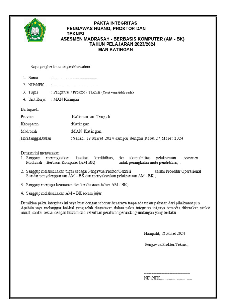 Fakta Integritas PENGAWAS PROKTOR TEKNISI AM-BK 2024 | PDF