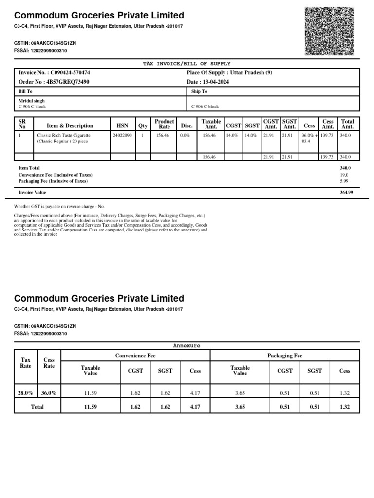 Invoice No.: C090424-570474 Date: 13-04-2024 Order No: 4B57GREQ73490 Place of Supply: Uttar ...