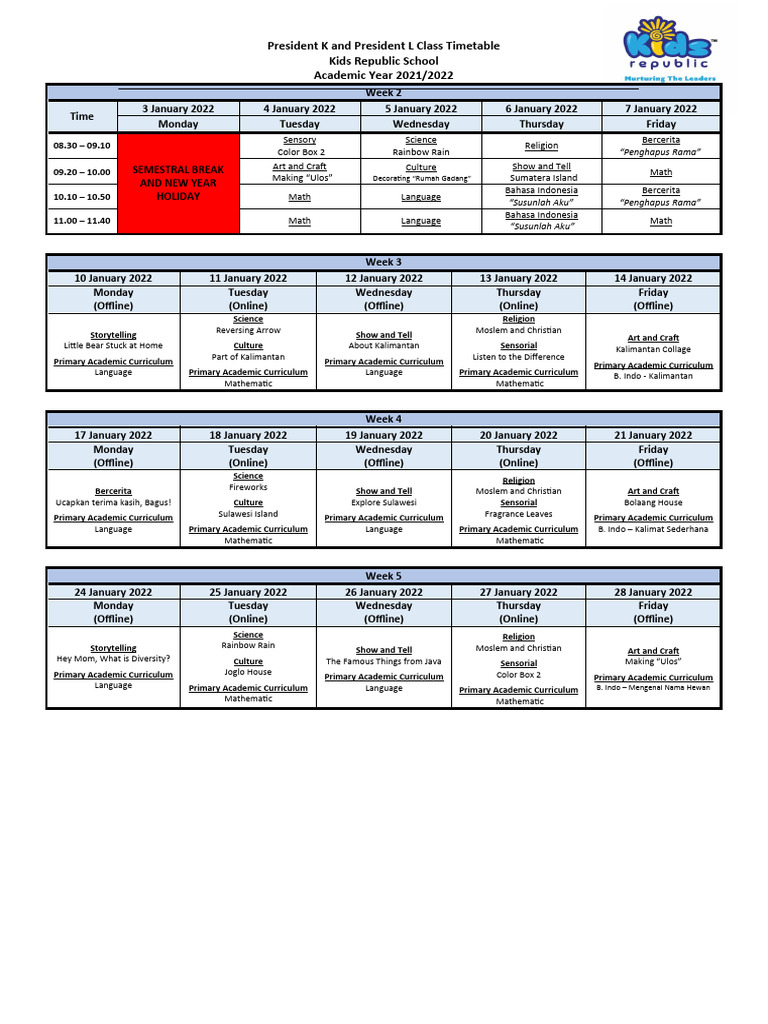 Kids Republic School Class Timetable 2022 | PDF
