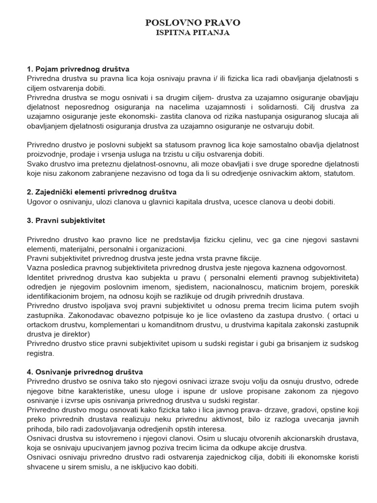 Poslovno Pravo: Ispitna Pitanja | PDF