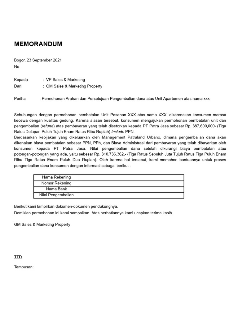 Contoh Draft Memo - Permohonan Refund | PDF