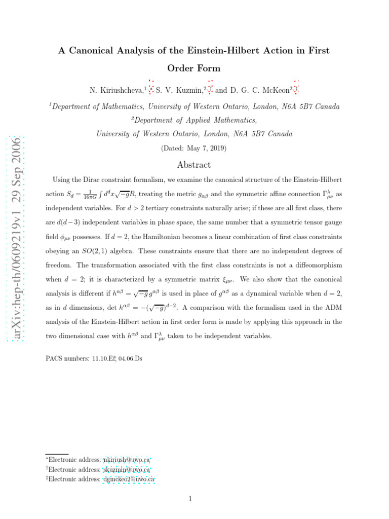 A Canonical Analysis of The Einstein-Hilbert Action in First Order Form ...