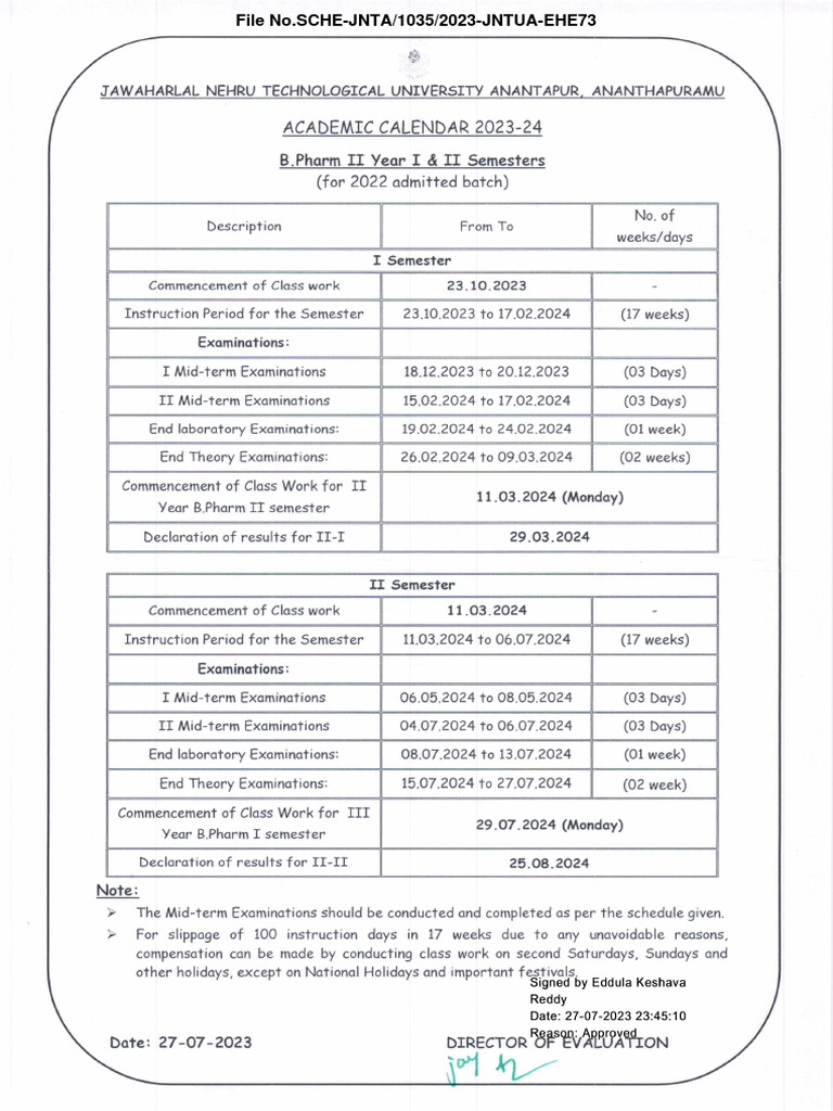 B.pharm II Yr Academic Calendar For AY 2023 24 | PDF