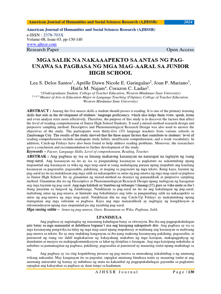Mga Salik Na Nakaaapekto Sa Antas NG Pagunawa Sa Pagbasa NG Mga Mag-Aaral Sa Junior High School ...