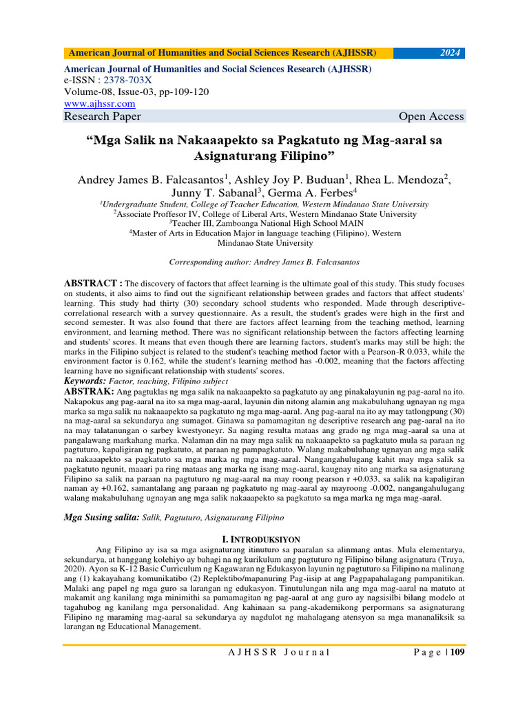 “Mga Salik na Nakaaapekto sa Pagkatuto ng Mag-aaral sa Asignaturang ...