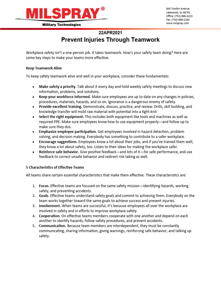 22APR2021 Prevent Injuries Through Teamwork | PDF | Safety ...