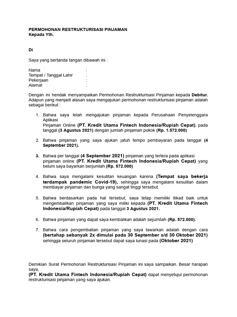 Contoh Format Permohonan Restrukturisasi - Pinjol | PDF