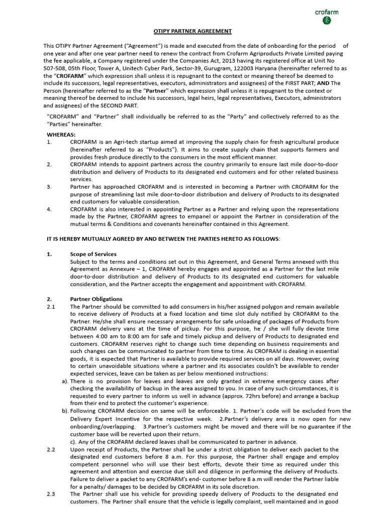 Delivery Partner Agreement | PDF | Indemnity | Common Law