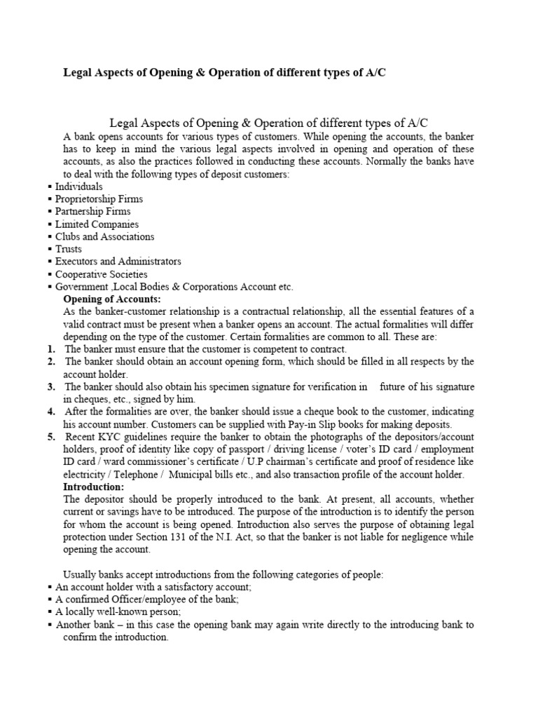 Legal Aspects of Bank Account Opening | PDF | Banks | Deed Of Trust ...