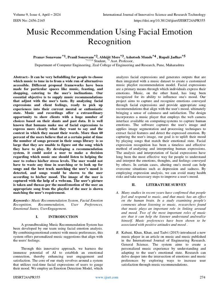 Music Recommendation Using Facial Emotion Recognition | PDF | Emotions ...