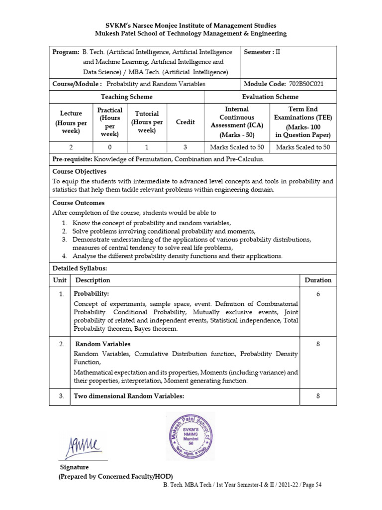 Probability and Random Variables Syllabus | PDF | Probability ...