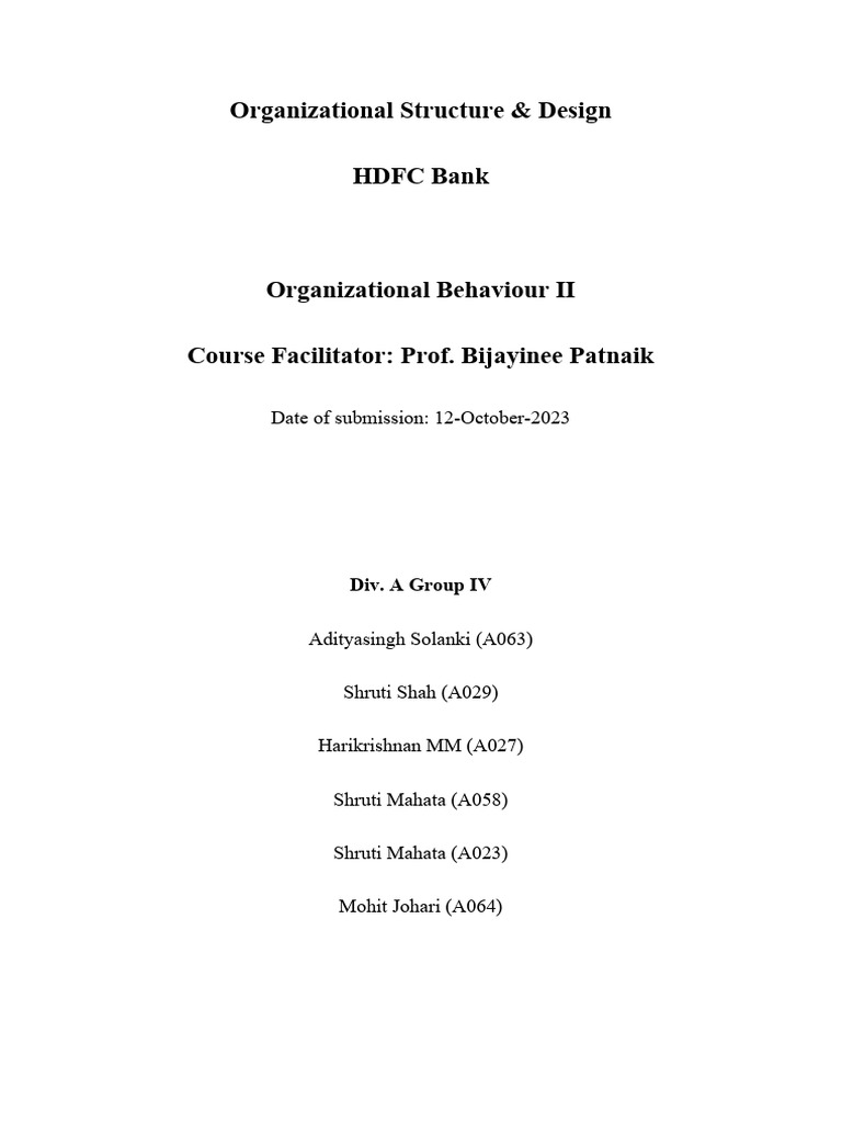 Organizational Structure & Design HDFC Bank: Date of Submission: 12 ...