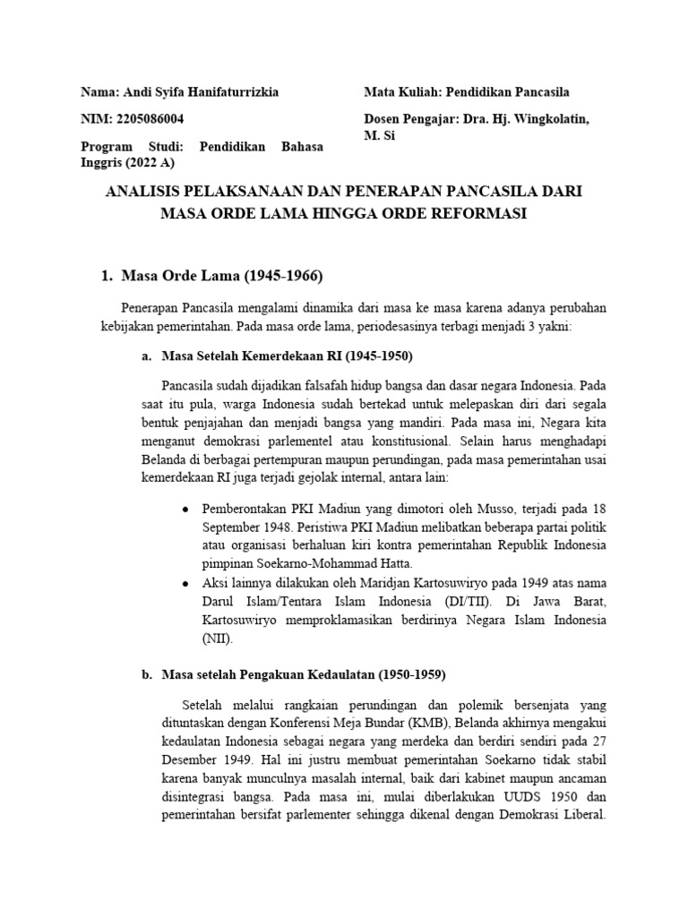 Analisis Pelaksanaan Pancasila Pada Masa Orla, Orba, Dan Orde Reformasi | PDF