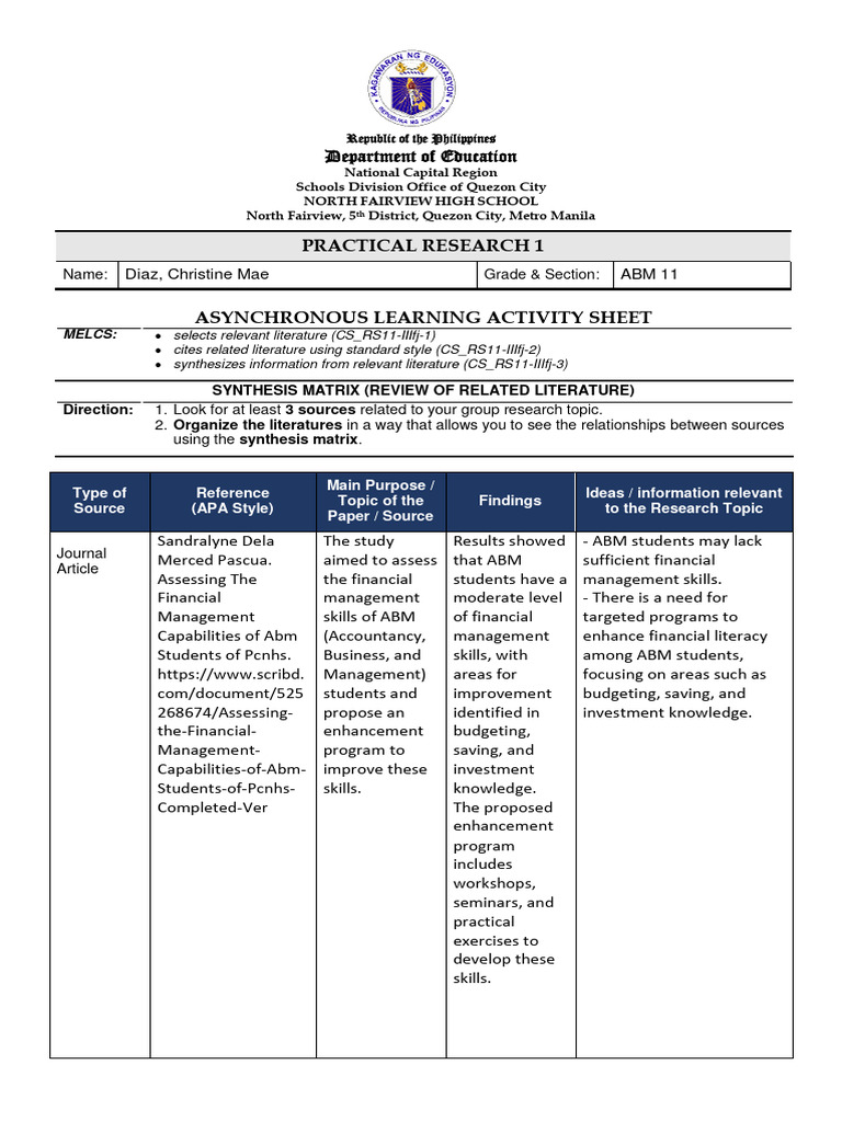 PR1 Alas Synthesis Matrix 1 | PDF | Financial Literacy | Literacy