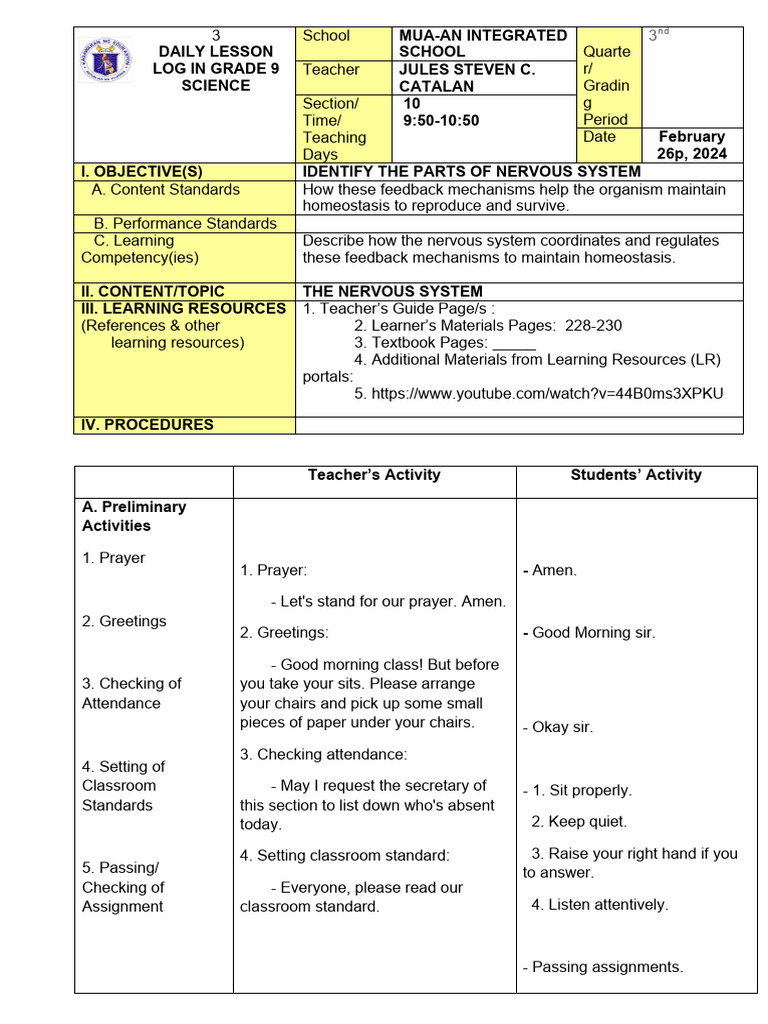 Grade 9 Science: Nervous System Lesson | PDF | Central Nervous System ...