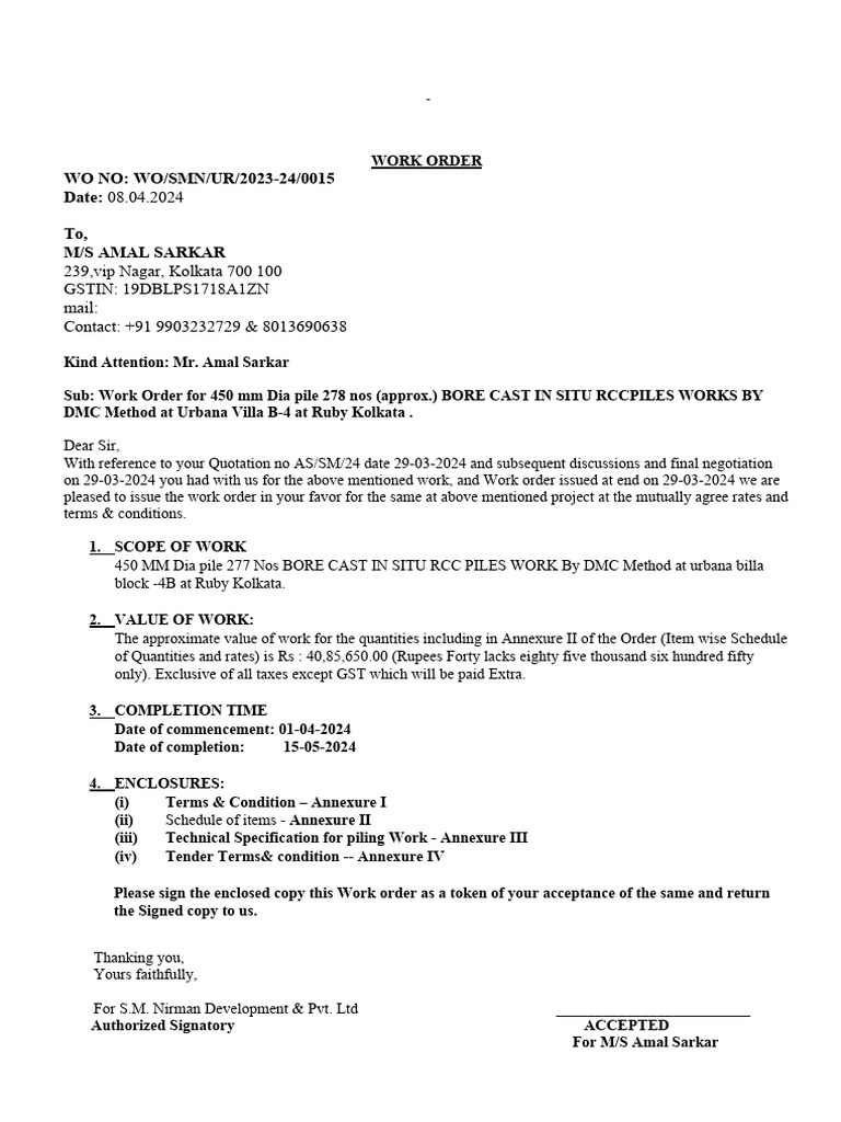 DMC_PILE_WORK_ORDER | PDF | Deep Foundation | Employment