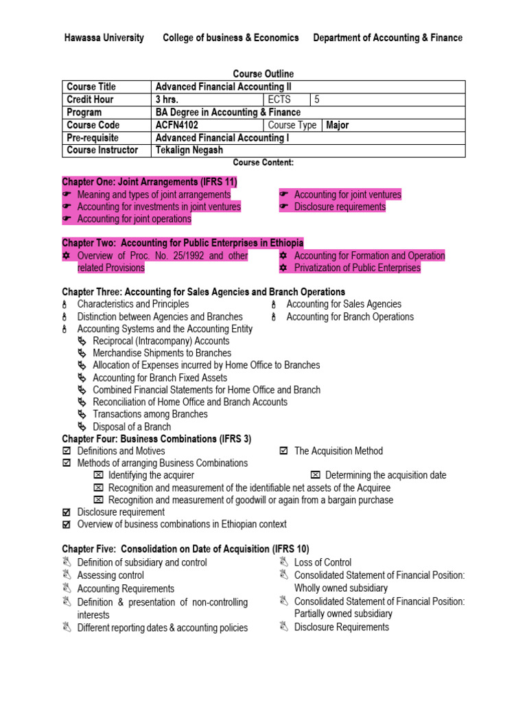 Adv FA II Courseoutli 2024 | PDF | Accounting | Mergers And Acquisitions
