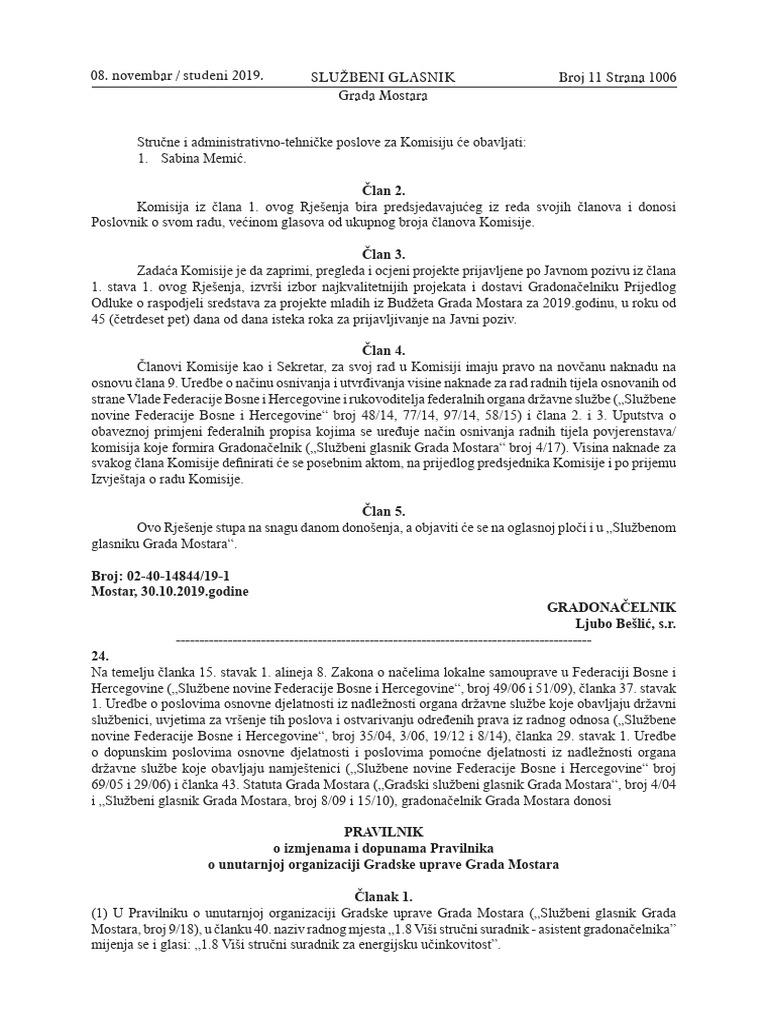 Pravilnik o Izmjenama I Dopunama Pravilnika o Unutarnjoj Organizaciji ...