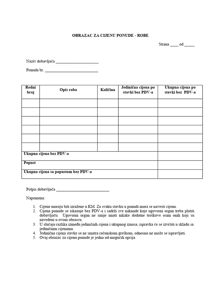 Obrazac za cijenu robe_usluge_radovi_bs | PDF