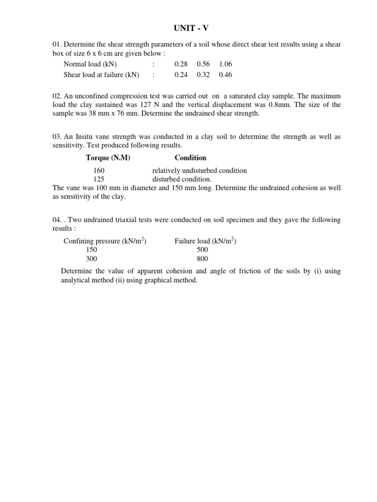 UNIT 5 Problems (Shear Strength) | PDF