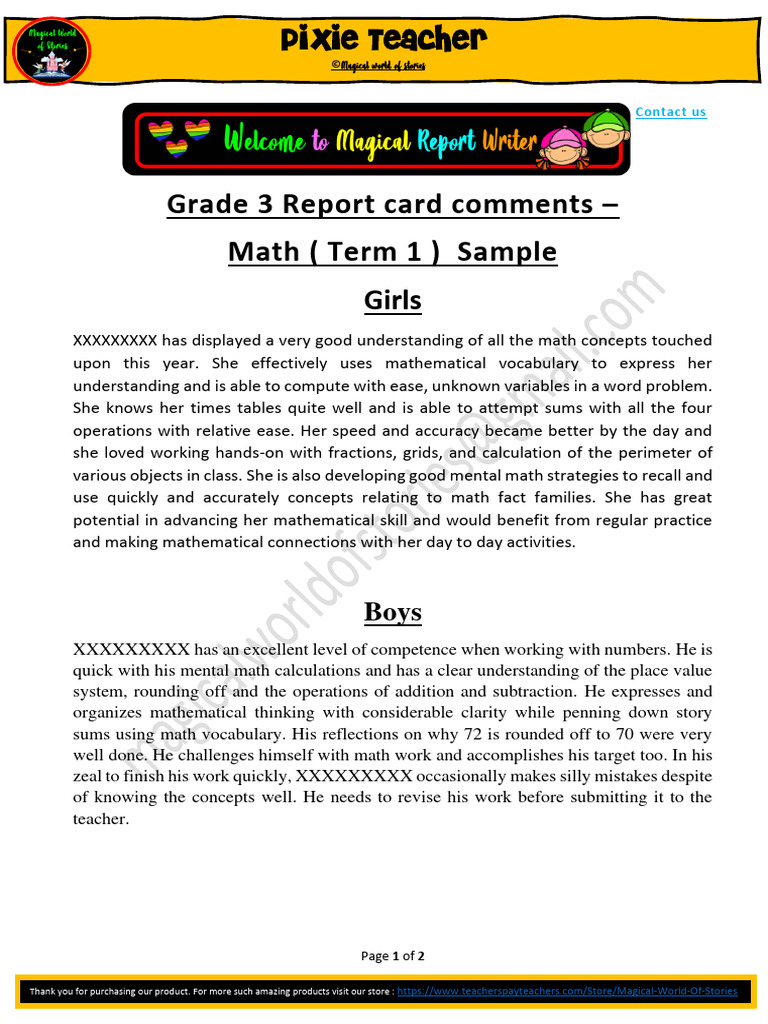 Grade 3 Report Card Comments - Math (Term 1) Sample Girls | PDF ...