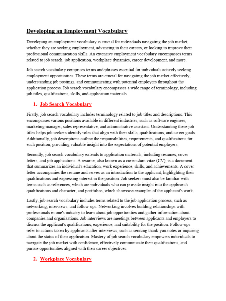 Developing An Employment Vocabulary. 7th | PDF | Mentorship | Fax