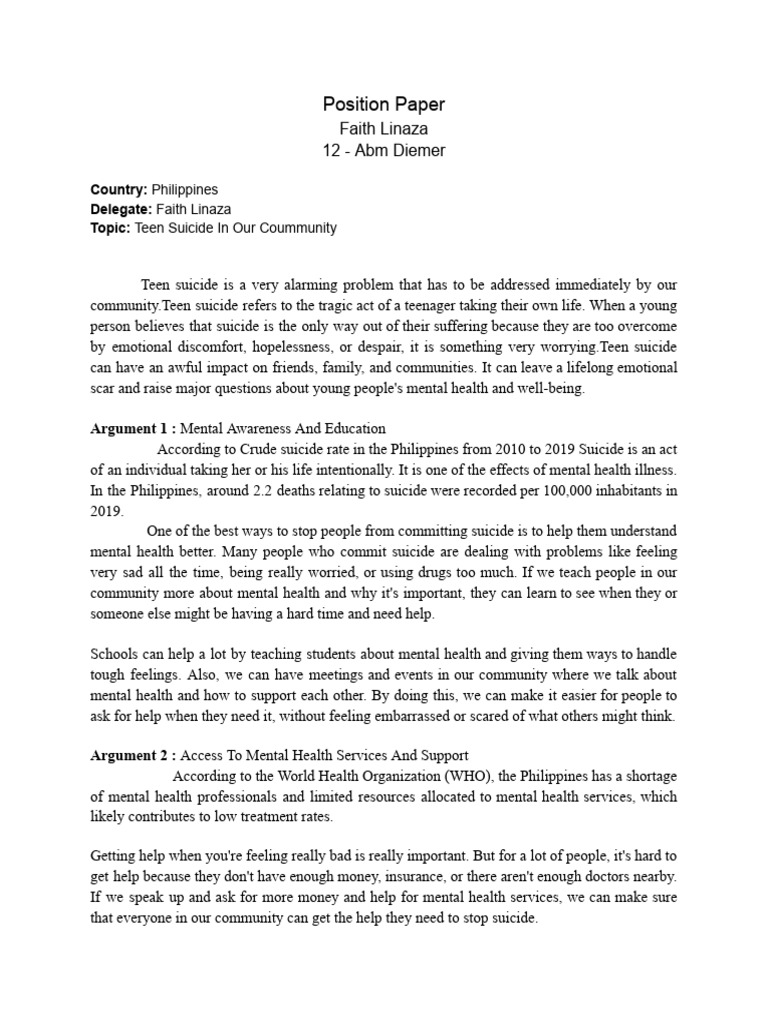 Position Paper - Linaza Faith Abeghel M | PDF | Mental Health | Suicide