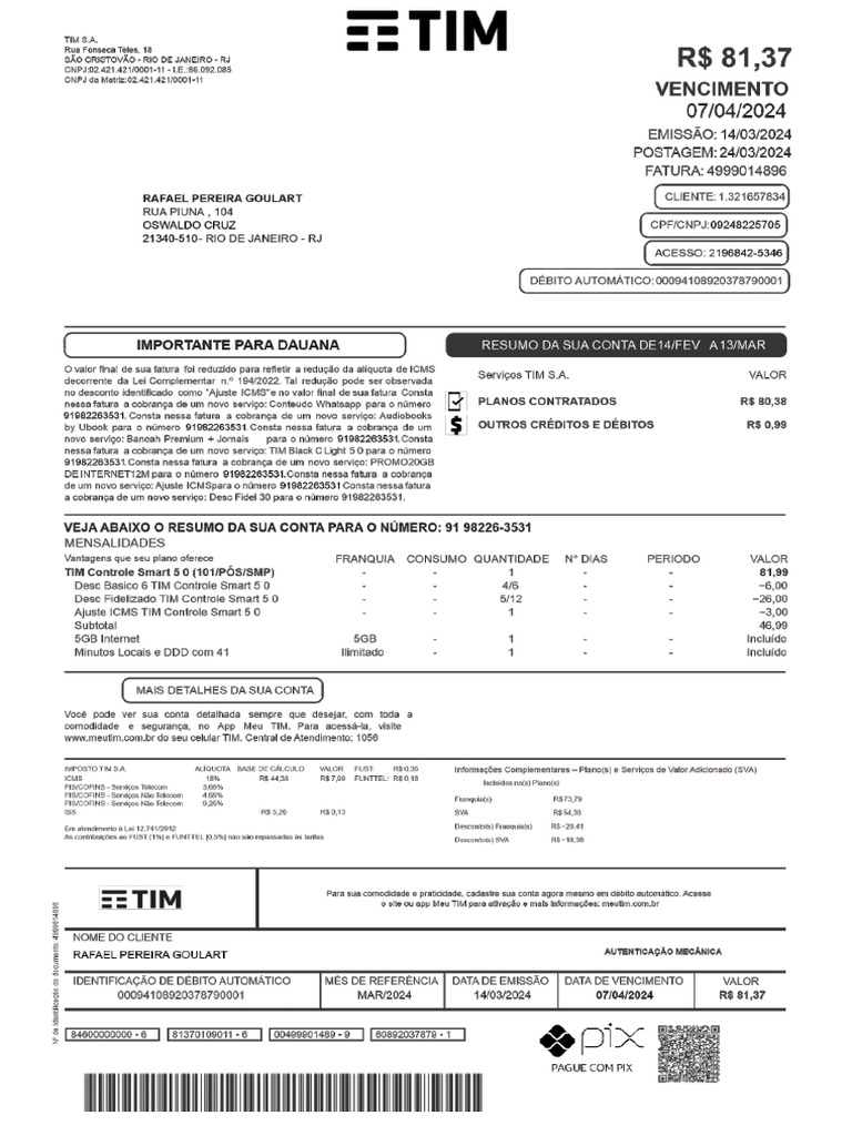 Fatura TIM 2024'' | PDF