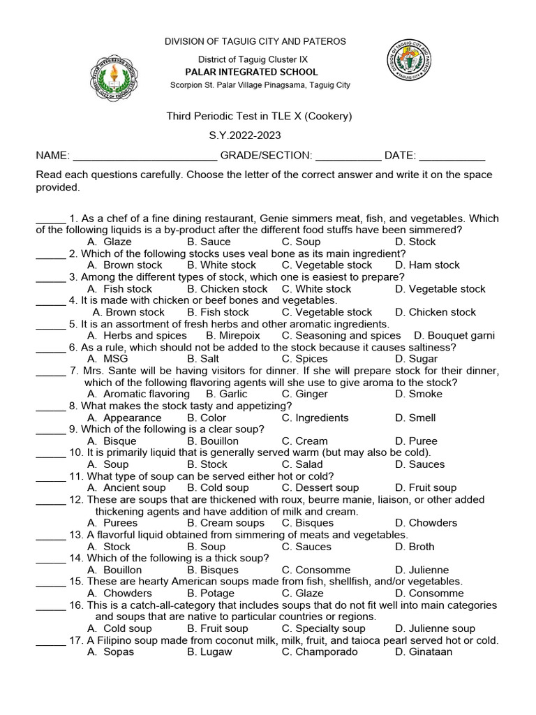 TLE X Cookery Third Periodic Test | PDF | Soup | Stock (Food)