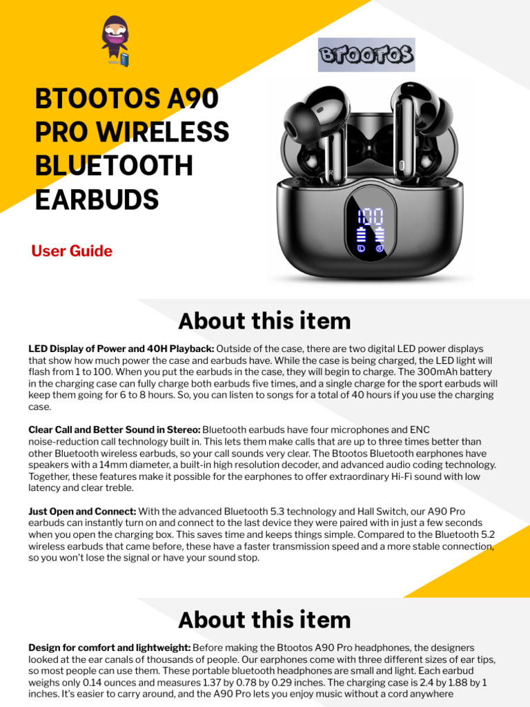 Btootos A90 Pro Wireless Bluetooth Earbuds 1 | PDF | Headphones ...
