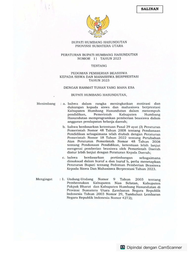 Perbup Beasiswa Berprestasi Tahun 2023 | PDF