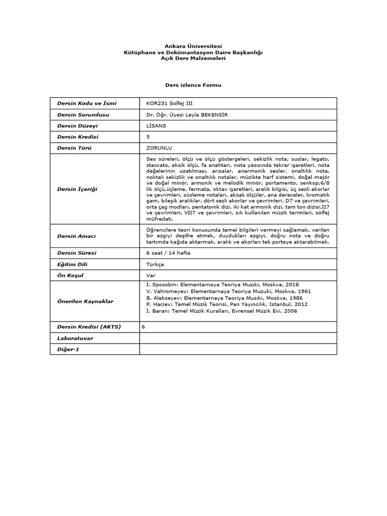 Ders - Izlencesi KOR231 SOLFEJ III | PDF