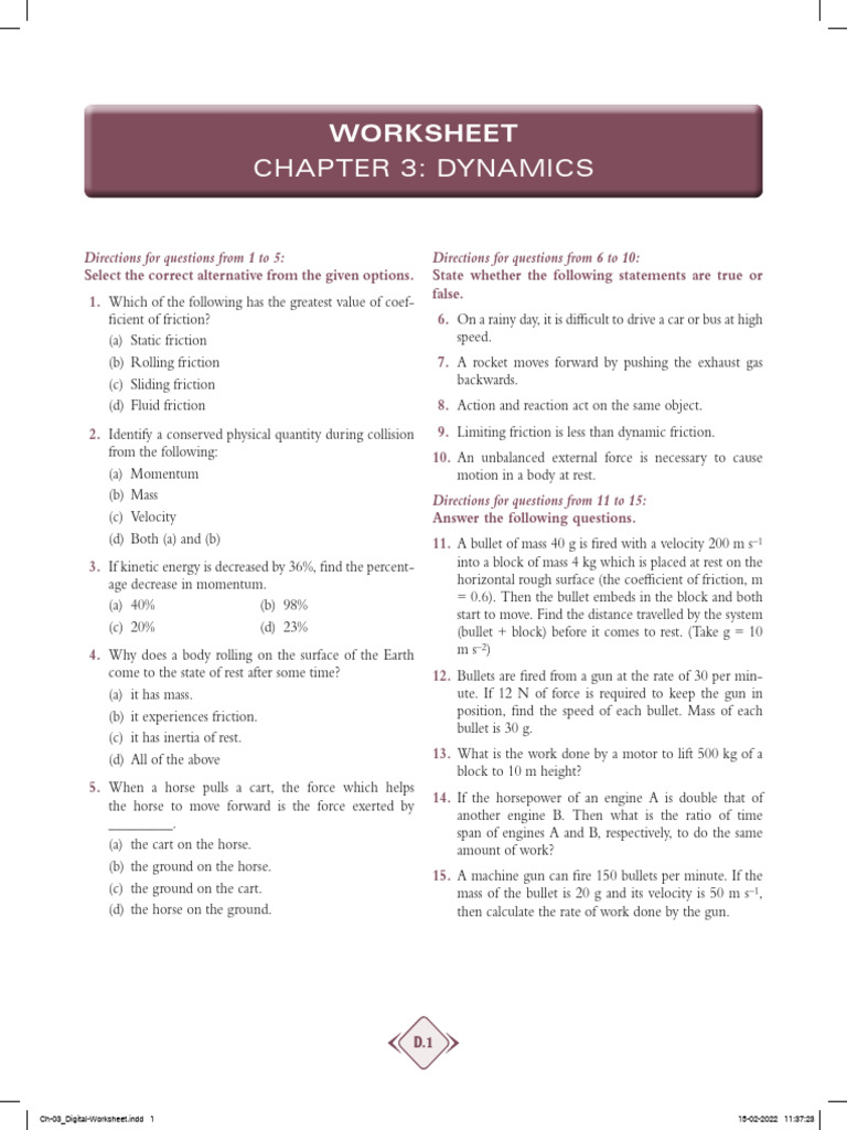 Dynamics Worksheet: Friction & Momentum | PDF | Friction | Force