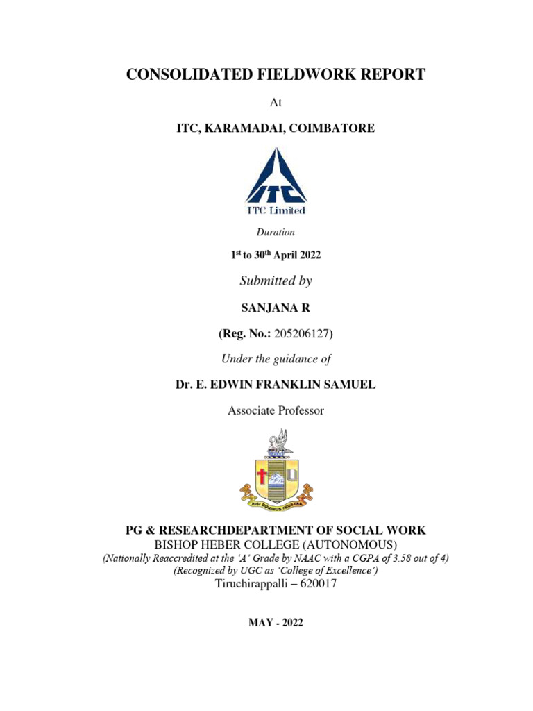 Consolidated Fieldwork Report: Itc, Karamadai, Coimbatore | Download ...