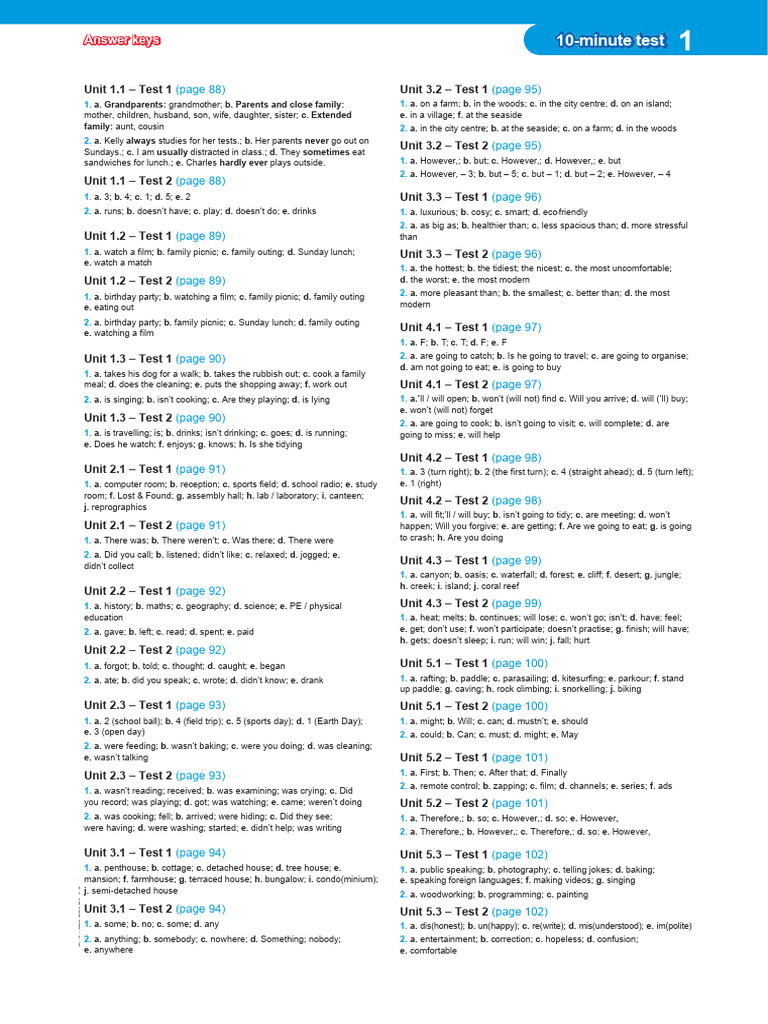 Family and School Test Answer Keys | PDF