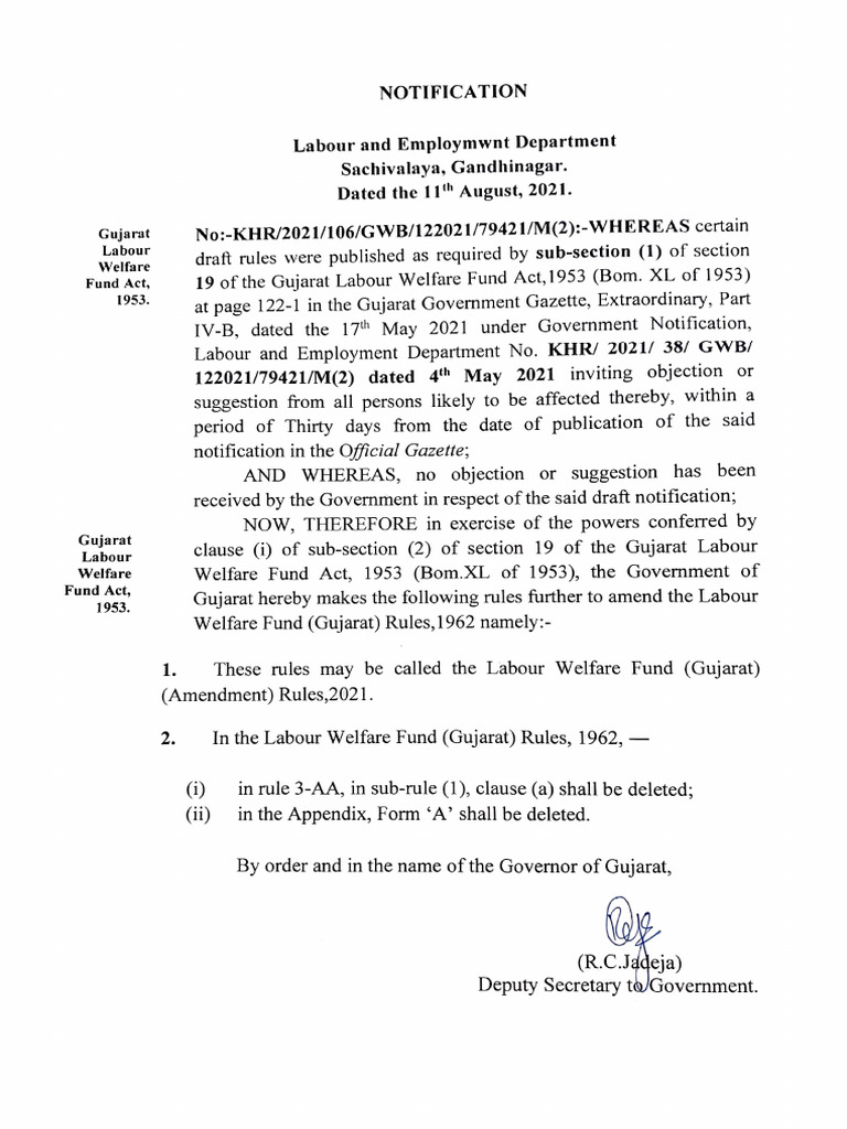 Gujarat Labour Welfare Fund Rules Update | PDF | Gujarat | Public Law