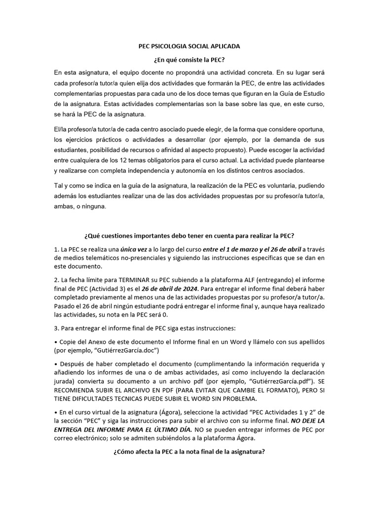 Instrucciones PEC PSICOLOGIA SOCIAL APLICADA 2024 | PDF | Maestros | Documento de identidad