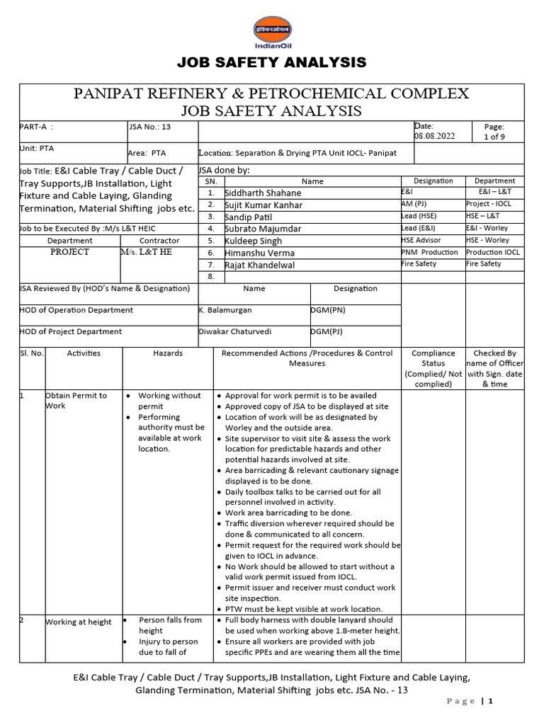 E&I - 13, JSA For Separation & Drying Area | PDF | Scaffolding | Crane (Machine)