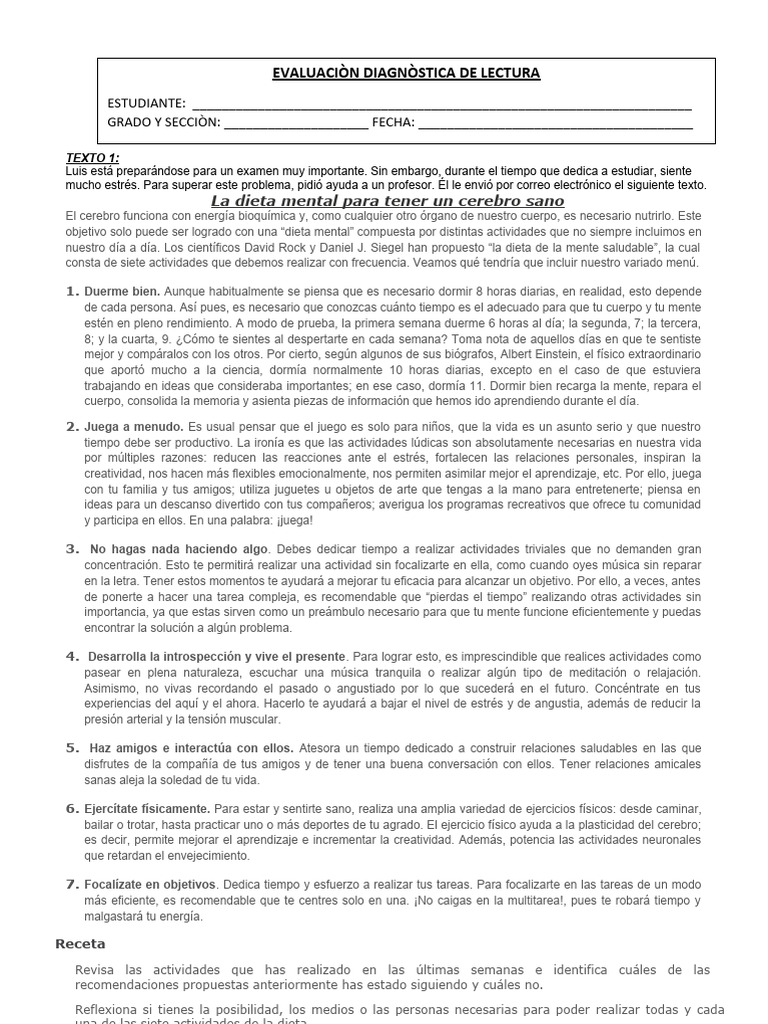 ITEM 10 - SEC 4 - Prueba Diagnóstica Lectura - Secundaria - Baja | PDF | Leche | Mente