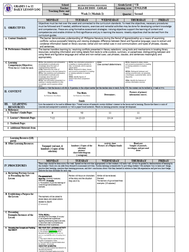 DLL - 2nd Quarter - wk2 | PDF | Learning | Reading Comprehension