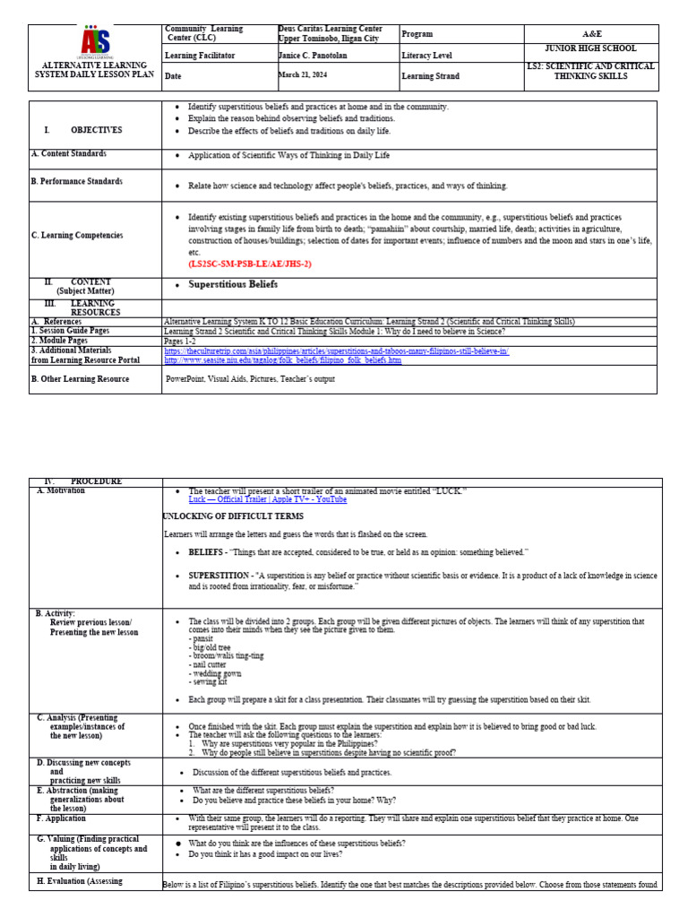 Superstition Lesson Plan | PDF | Superstitions | Luck